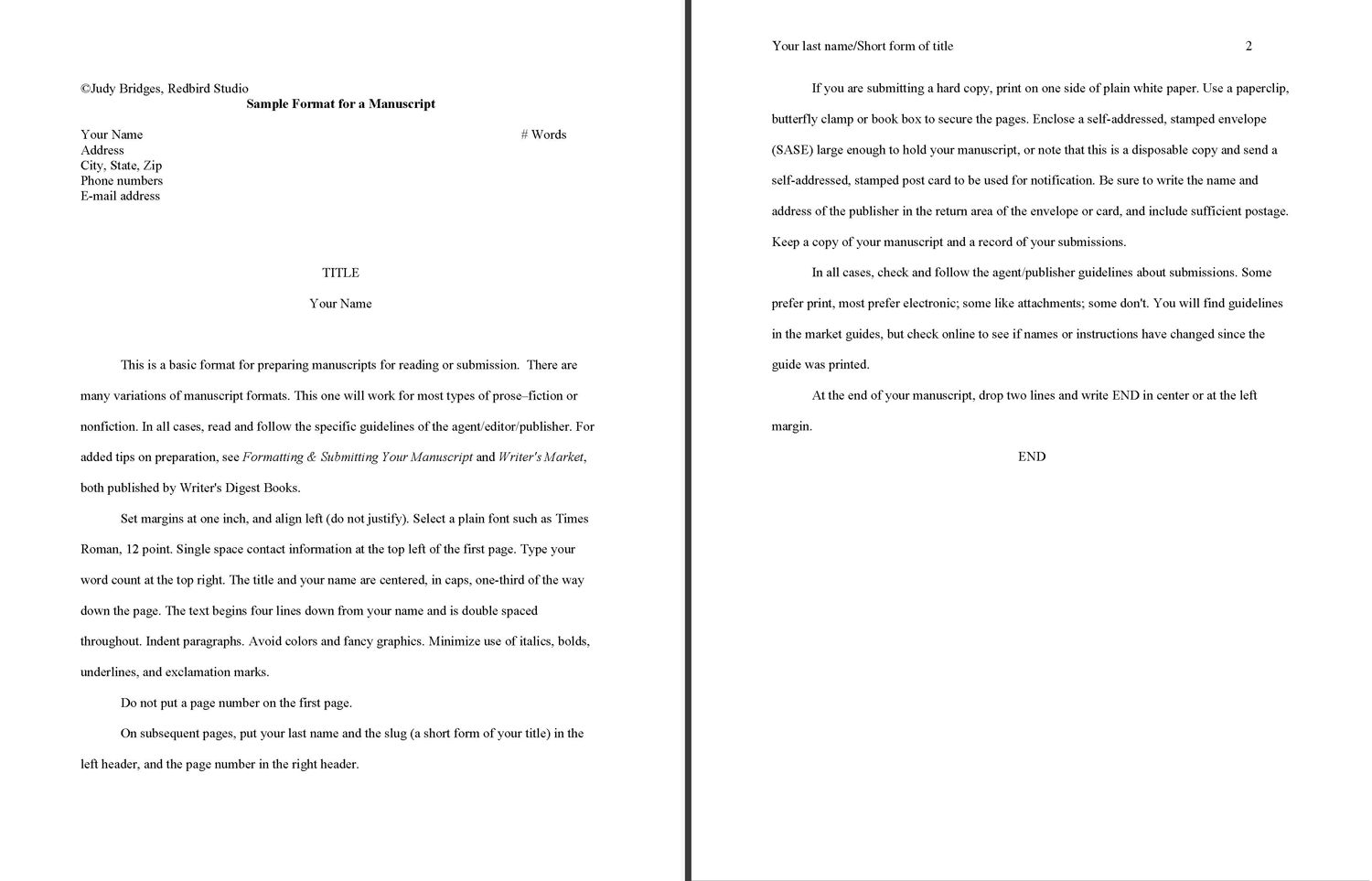 Sample Manuscript Format Page Judy Bridges Redbird Studio Shut Up
